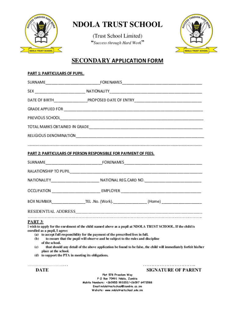 Fillable Online PRIMARY APPLICATION FORM - Ndola Trust School Fax Email ...