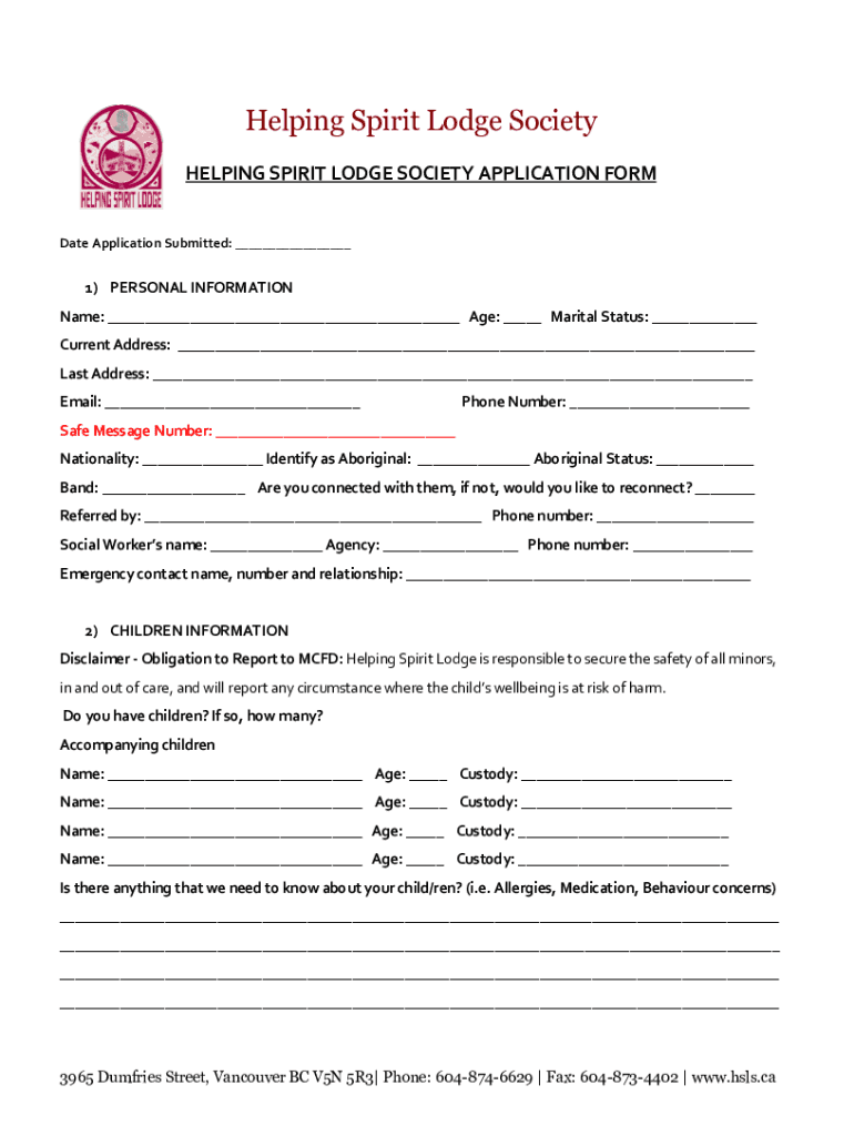 Fillable Online Helping Spirit Lodge Society working Intake form ...