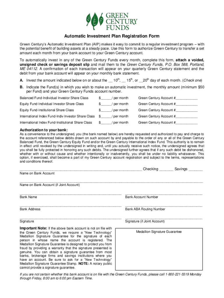 Fillable Online Automatic Investment Plan Registration Form - Green ...