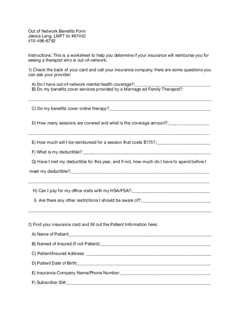 Fillable Online Out of Network Benefits Form Fax Email Print - pdfFiller