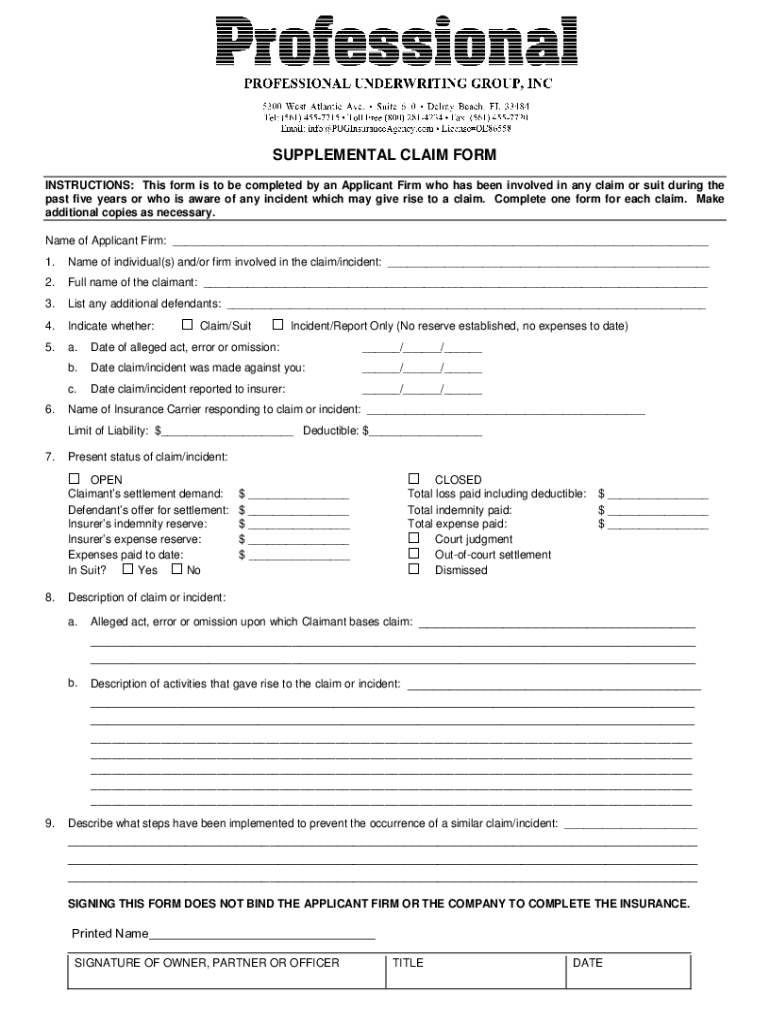 Fillable Online SUPPLEMENTAL CLAIM FORM - Professional Underwriting ...