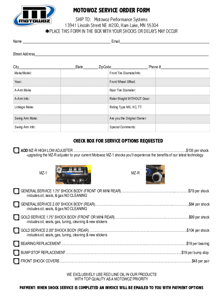 Fillable Online MOTOWOZ SERVICE ORDER FORM Fax Email Print - pdfFiller