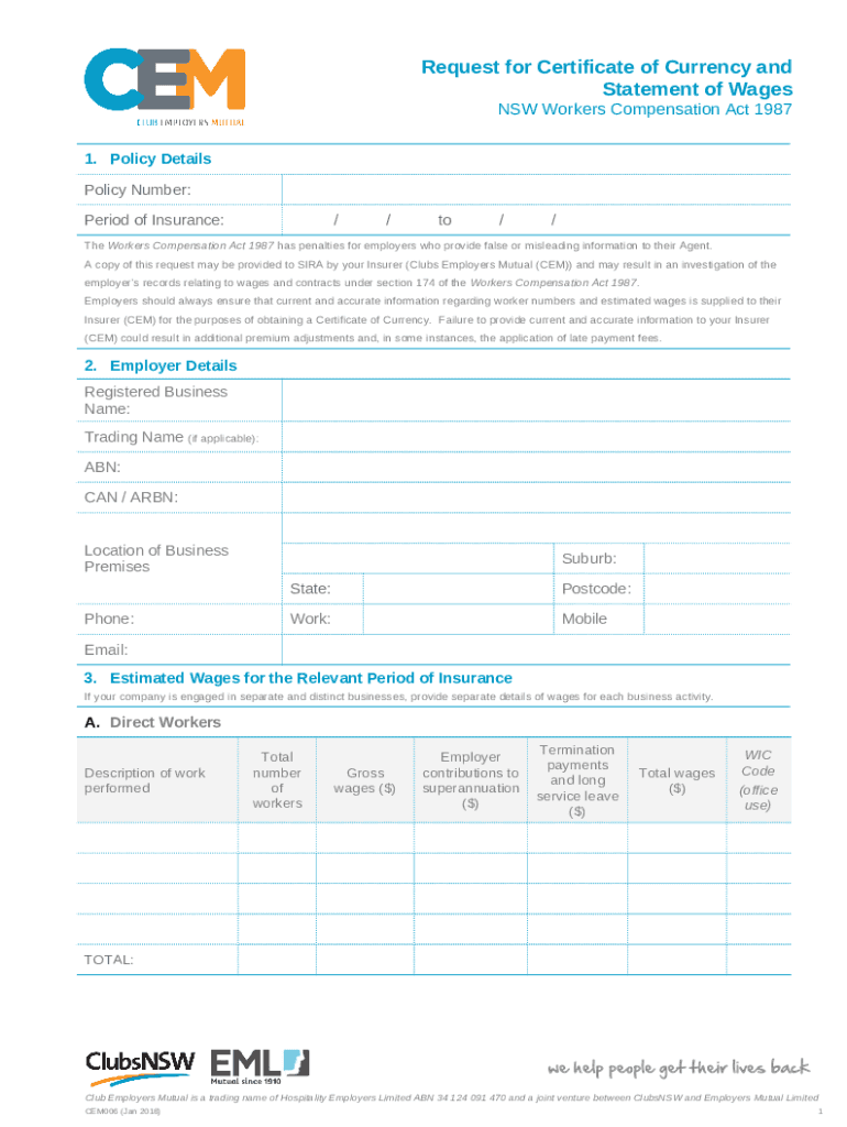 Club Employers Mutual - Request for Certificate of Currency and ...