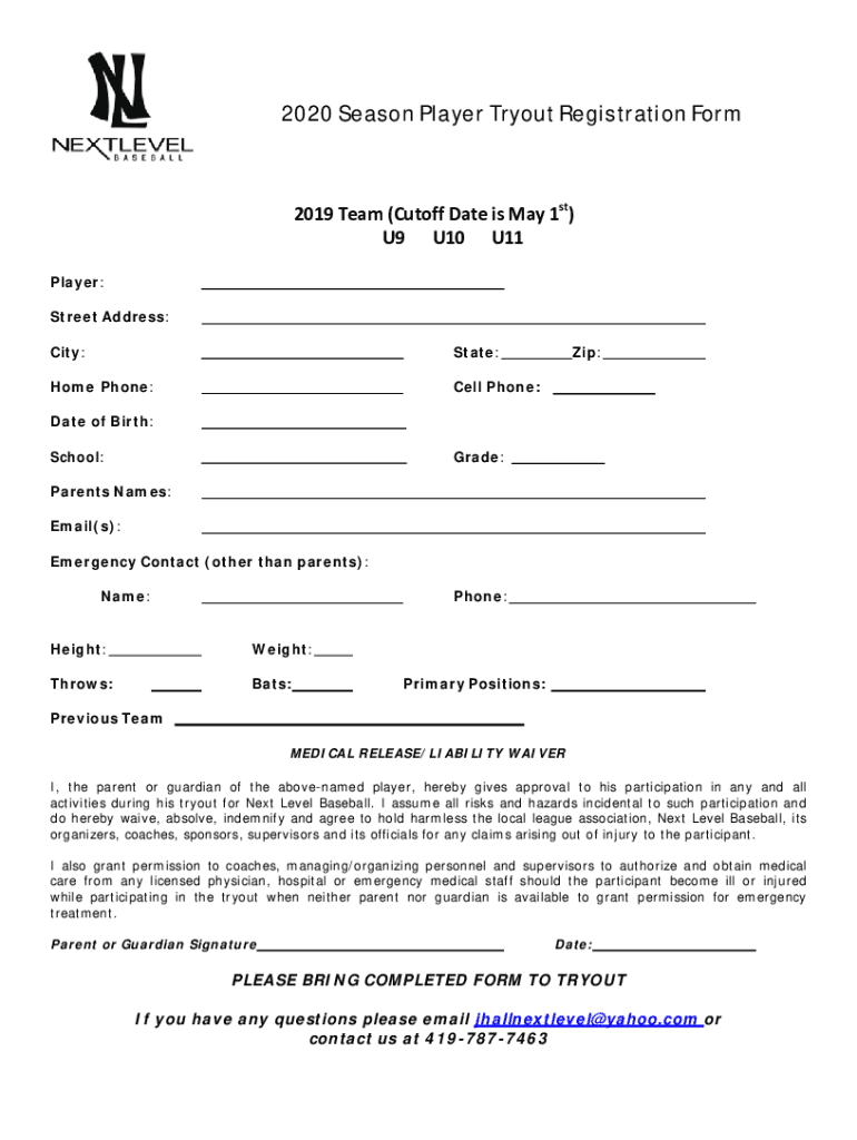Fillable Online 2020 Season Player Tryout Registration Form Fax Email ...