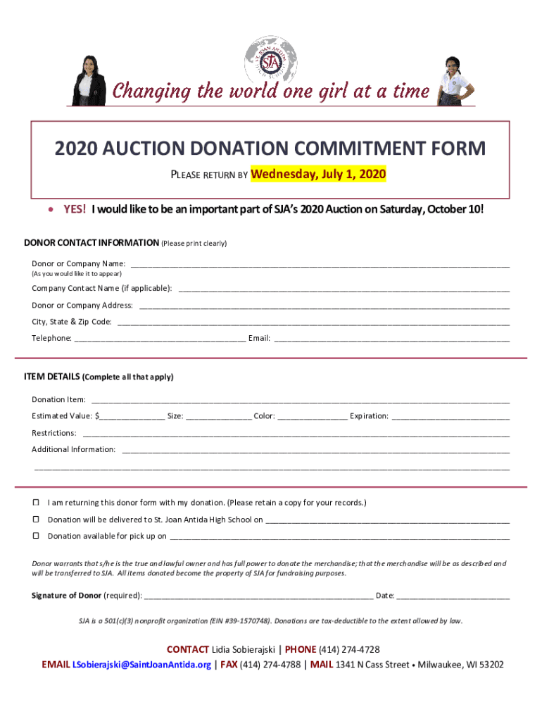 Fillable Online 2020 AUCTION DONATION COMMITMENT FORM Fax Email Print ...