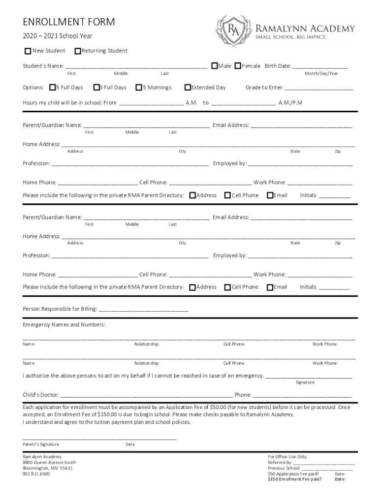 Fillable Online ENROLLMENT FORM 2020-2021 (1).docx Fax Email Print - pdfFiller