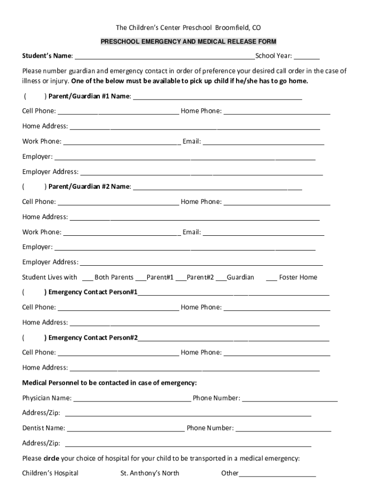 Fillable Online PRESCHOOL EMERGENCY AND MEDICAL RELEASE FORM Fax Email ...