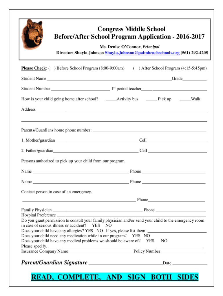 Fillable Online Congress Middle School Before/After School Program ...