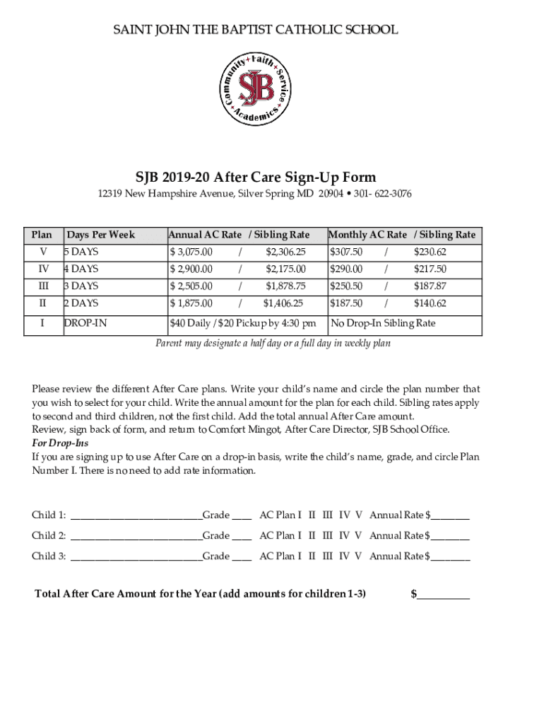 Fillable Online SJB 2019-20 After Care Sign-Up Form Fax Email Print ...