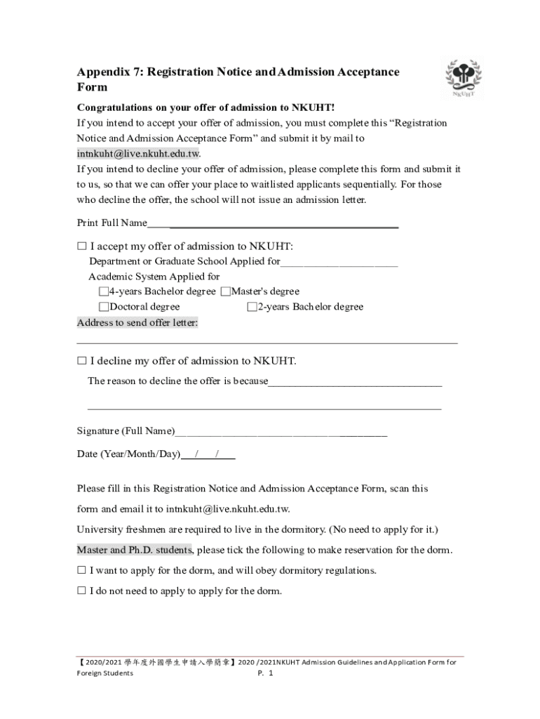 Fillable Online Appendix 7: Registration Notice and Admission ...