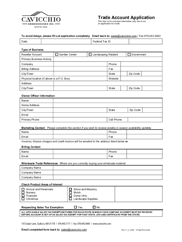 Fillable Online Trade Account Application Form R10 - Cavicchio Fax ...