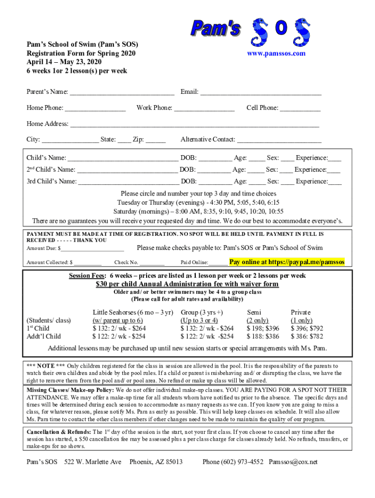 Fillable Online Pam's SOS - Registration Form 2020 - April May Fax ...