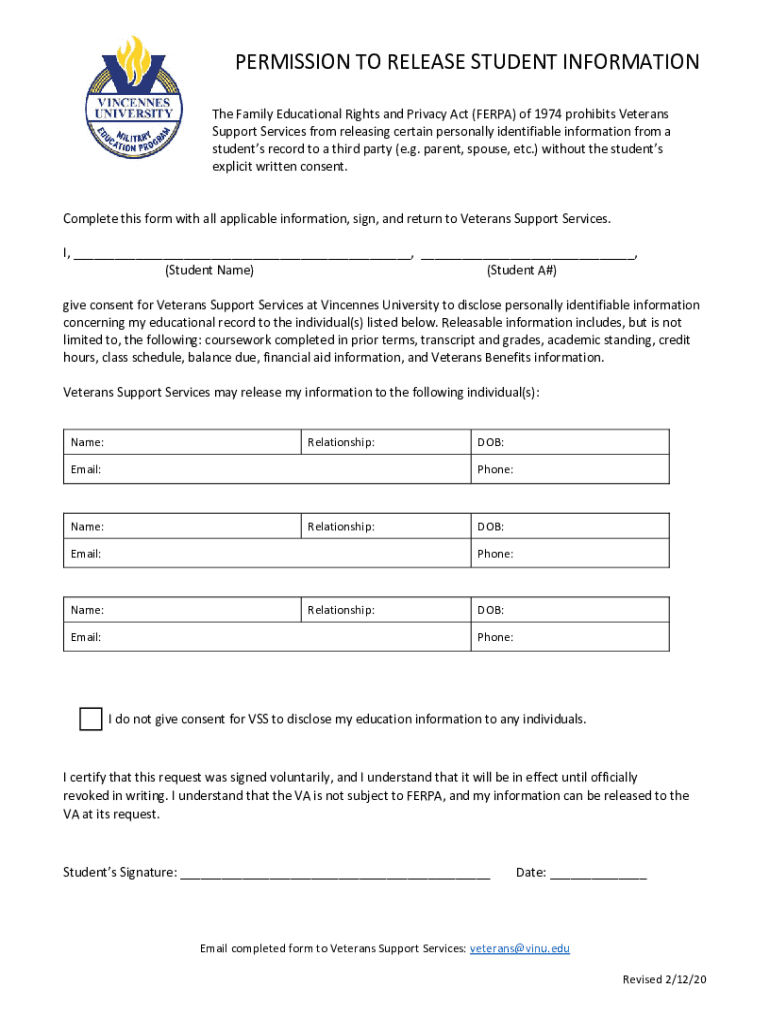 Fillable Online Permission to Release Student Information (Revises 2.12 ...