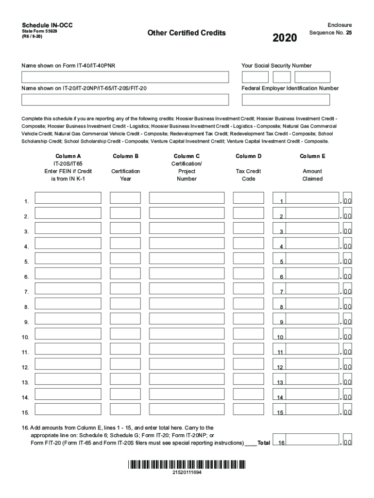 Printable 2020 Indiana Form IN-OCC (Other Certified Credits): Fill out ...