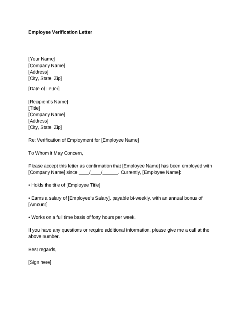 Sample Employment Verification Letter Template - PDF, Word Doc Template ...
