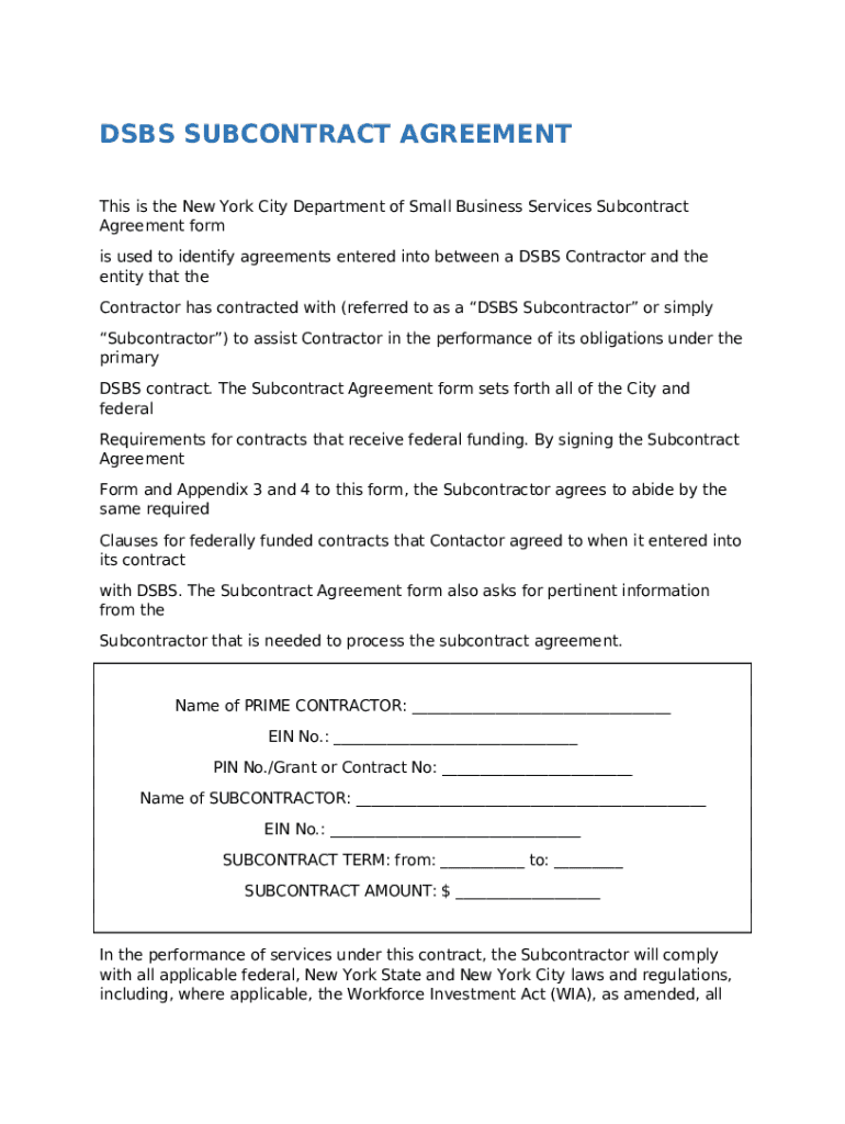 EXHIBIT G DSBS SUBCONTRACT AGREEMENT ... - NYC.gov ... Doc Template ...