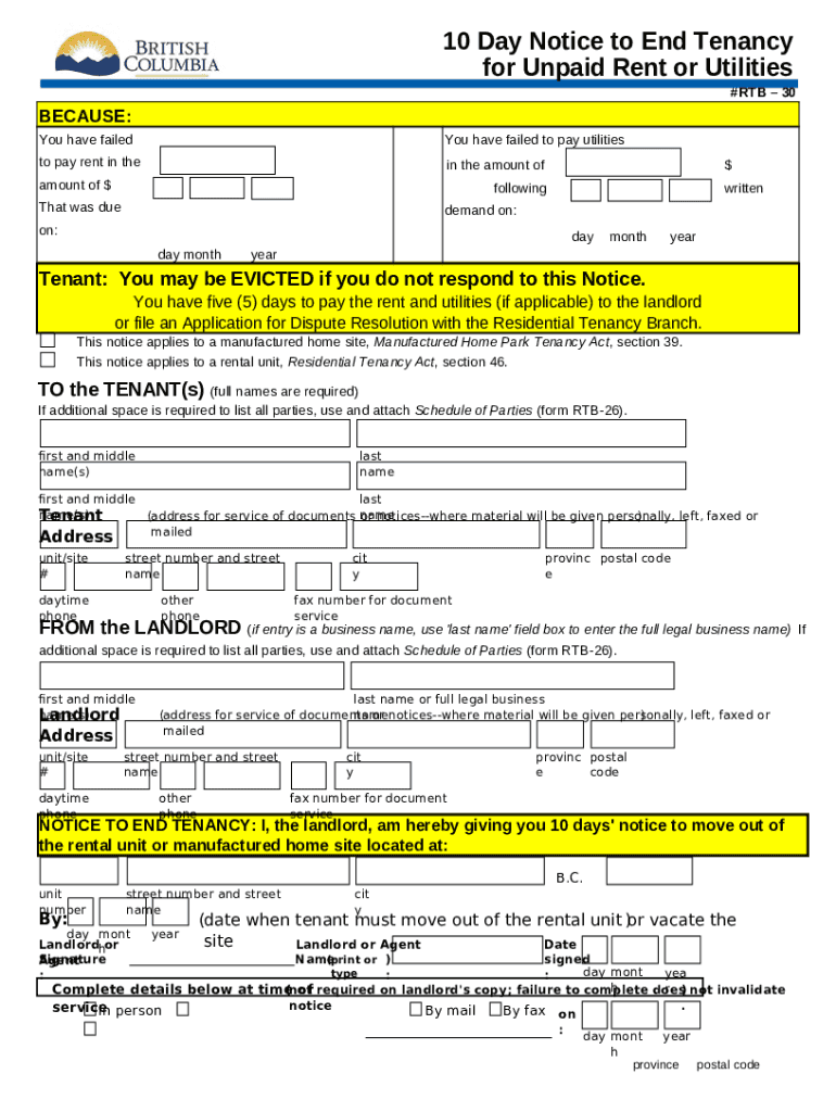 Notice to End Tenancy for Unpaid Rent or Utilities ( ...10 Day Notice ...
