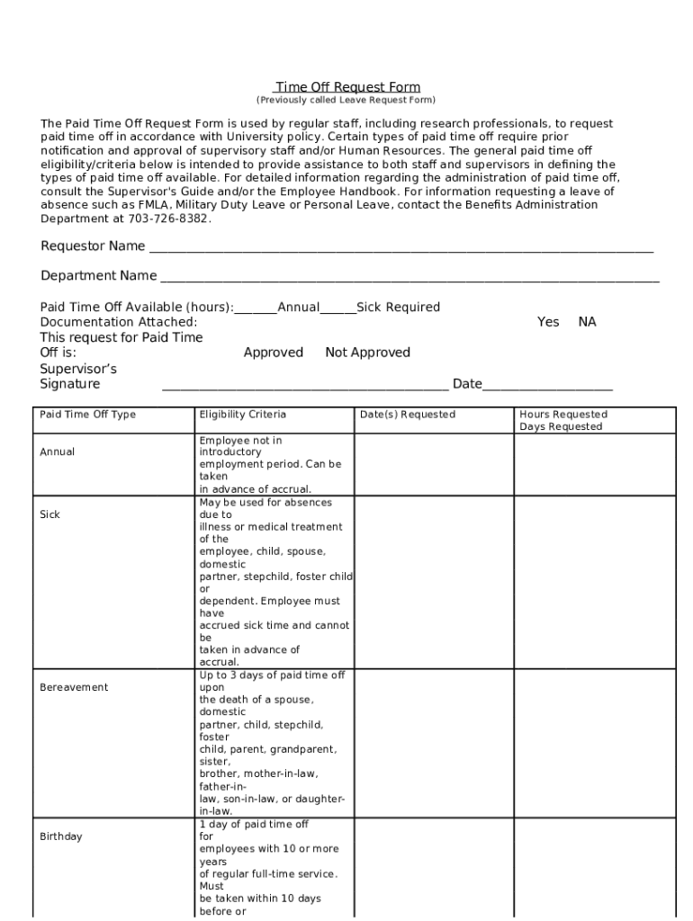 Paid Time Off Request TemplateJot Doc Template | pdfFiller