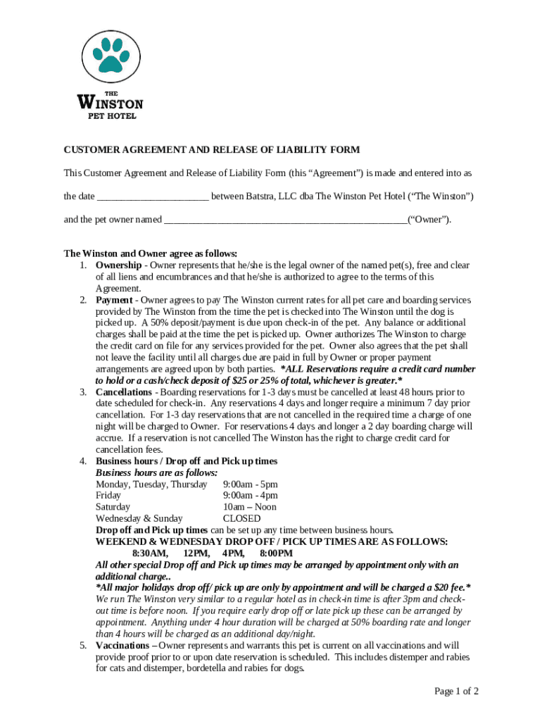 CUSTOMER AGREEMENT AND RELEASE OF LIABILITY Doc Template | pdfFiller