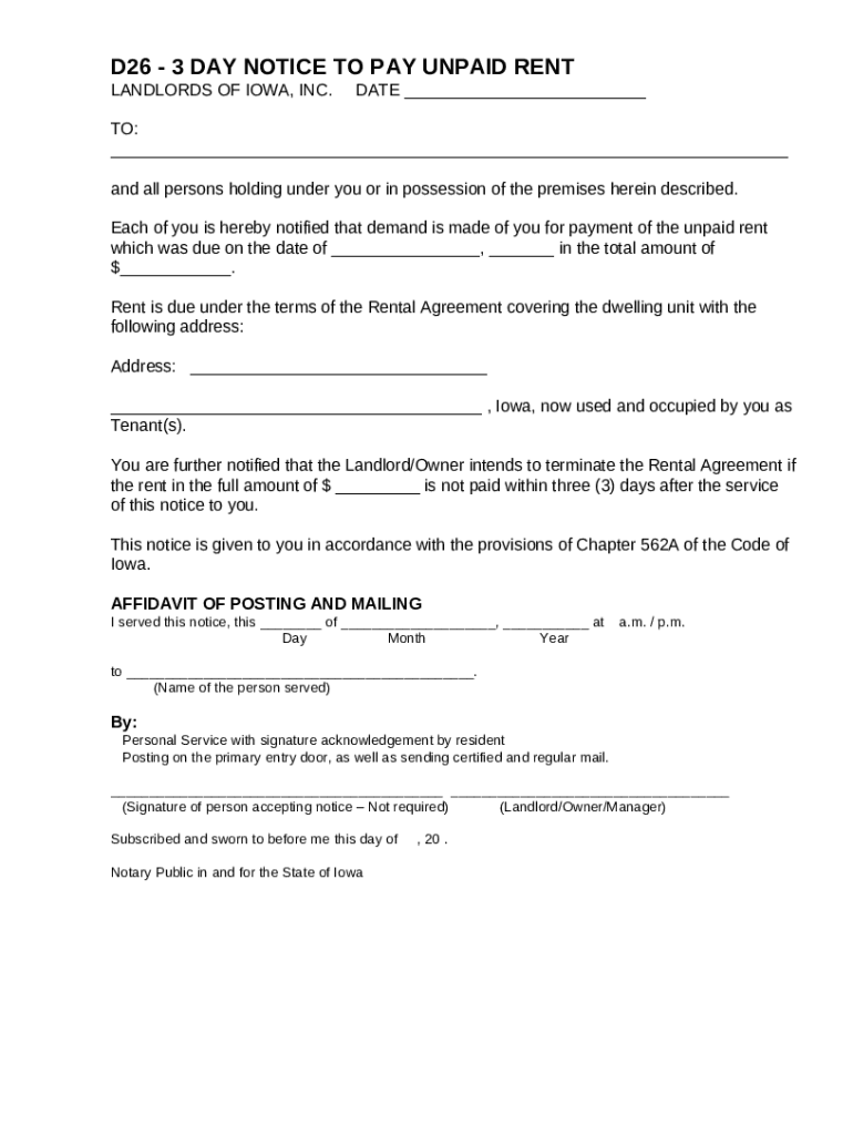 D26 - 3 DAY NOTICE TO PAY UNPAID RENT Doc Template | pdfFiller
