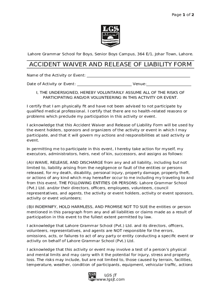 PDF ACCIDENT WAIVER AND RELEASE OF LIABILITY Doc Template | pdfFiller