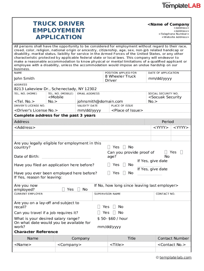 DRIVER EMPLOYMENT APPLICATION - TransportationTruck Driver Application ...