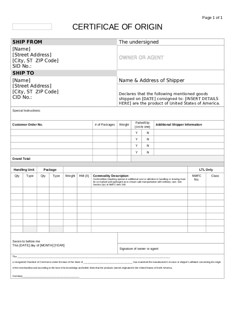 Certificate of origin general use in Word and Pdf ats Doc Template ...
