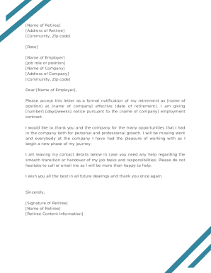 sample letter of intent to retire from work Doc Template | pdfFiller