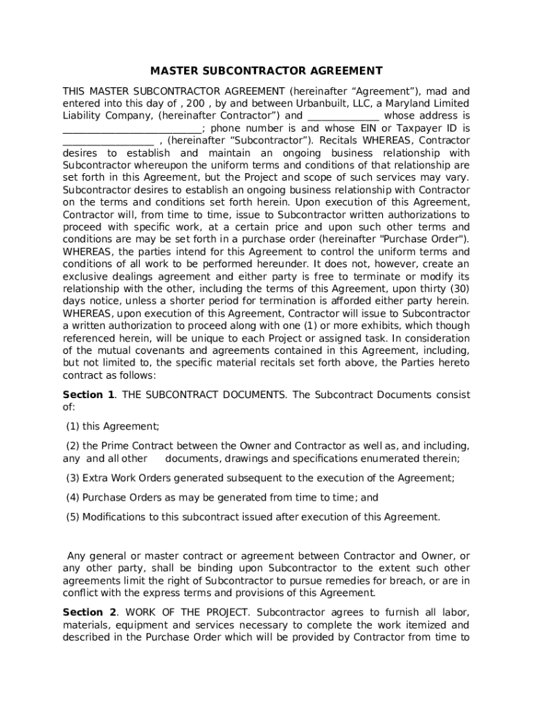 MASTER SUBCONTRACTOR AGREEMENT - UrbanBuilt Doc Template | pdfFiller