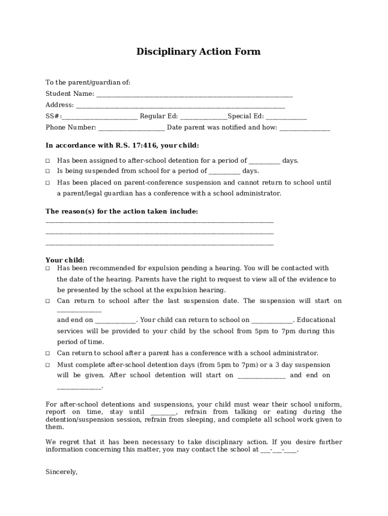 Disciplinary Action printable pdf download Doc Template | pdfFiller