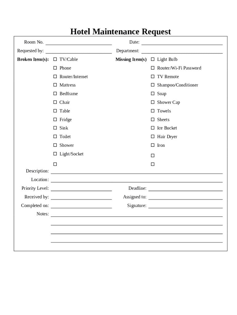 Hotel Maintenance Request - Business Template Doc Template | pdfFiller