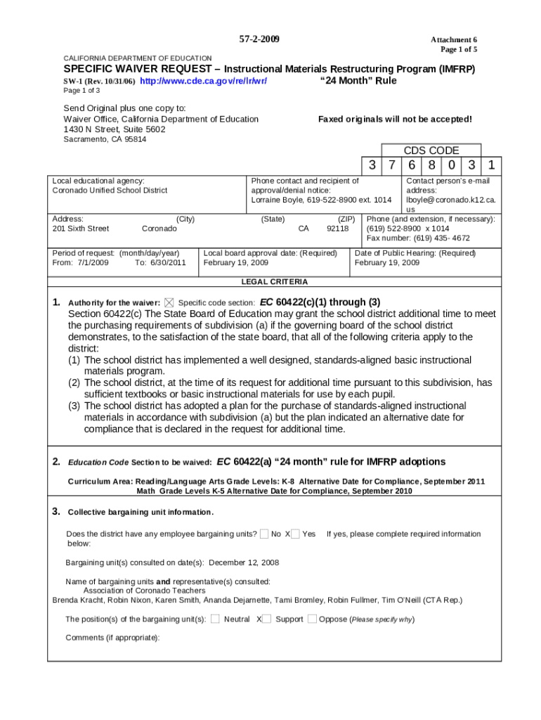 SPECIFIC WAIVER REQUEST - Instructional Materials Restructuring Program ...