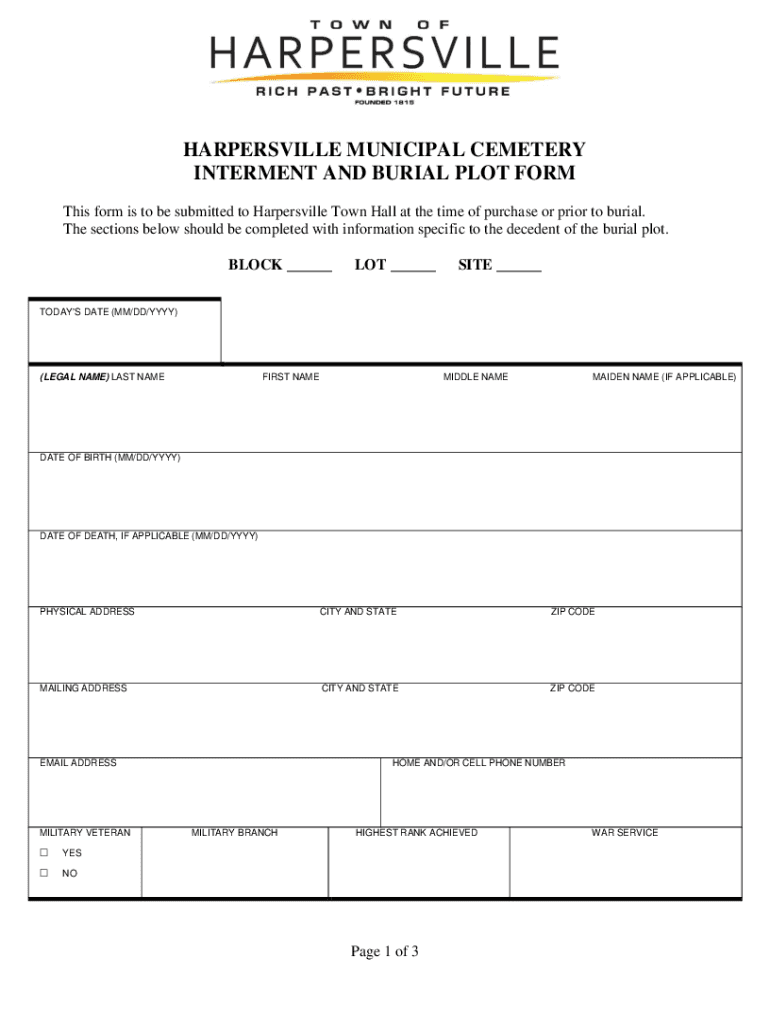 Fillable Online HARPERSVILLE MUNICIPAL CEMETERY INTERMENT AND BURIAL ...