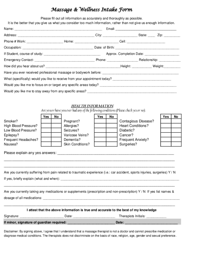 Fillable Online FREE 5+ Massage Intake Forms in PDFMassage Client ...