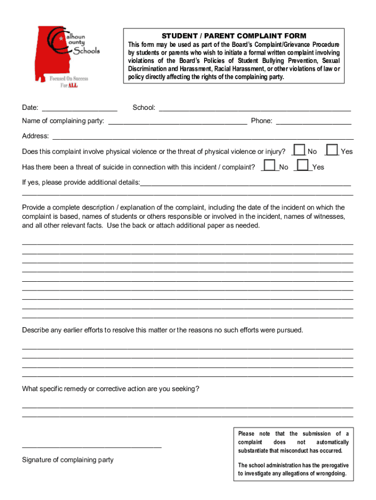 Fillable Online STUDENT / PARENT COMPLAINT FORM Fax Email Print - pdfFiller