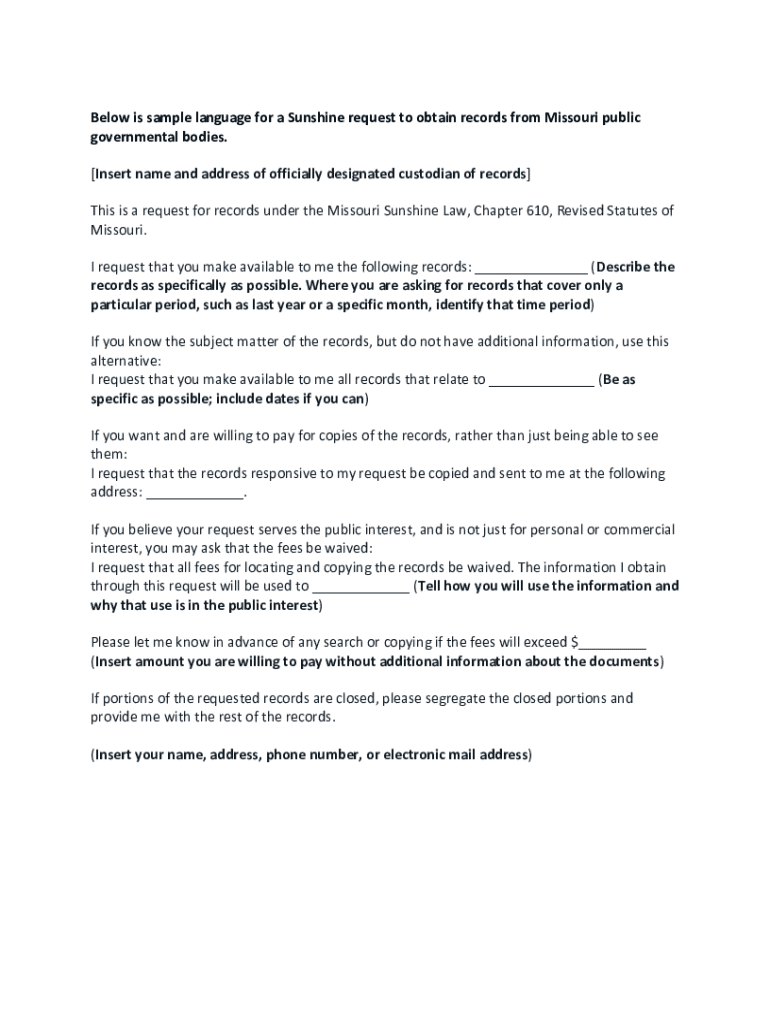 Fillable Online Below is sample language for a Sunshine request to ...