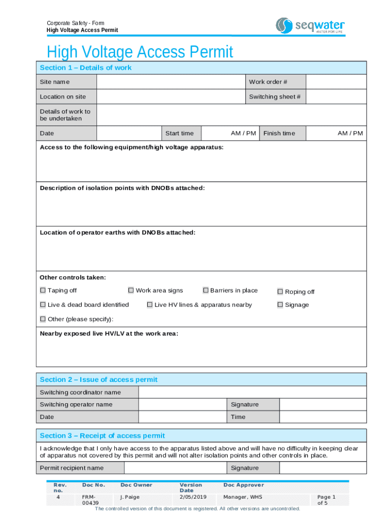 Corporate Safety - High Voltage Access Permit . FRM-00439 Doc Template ...