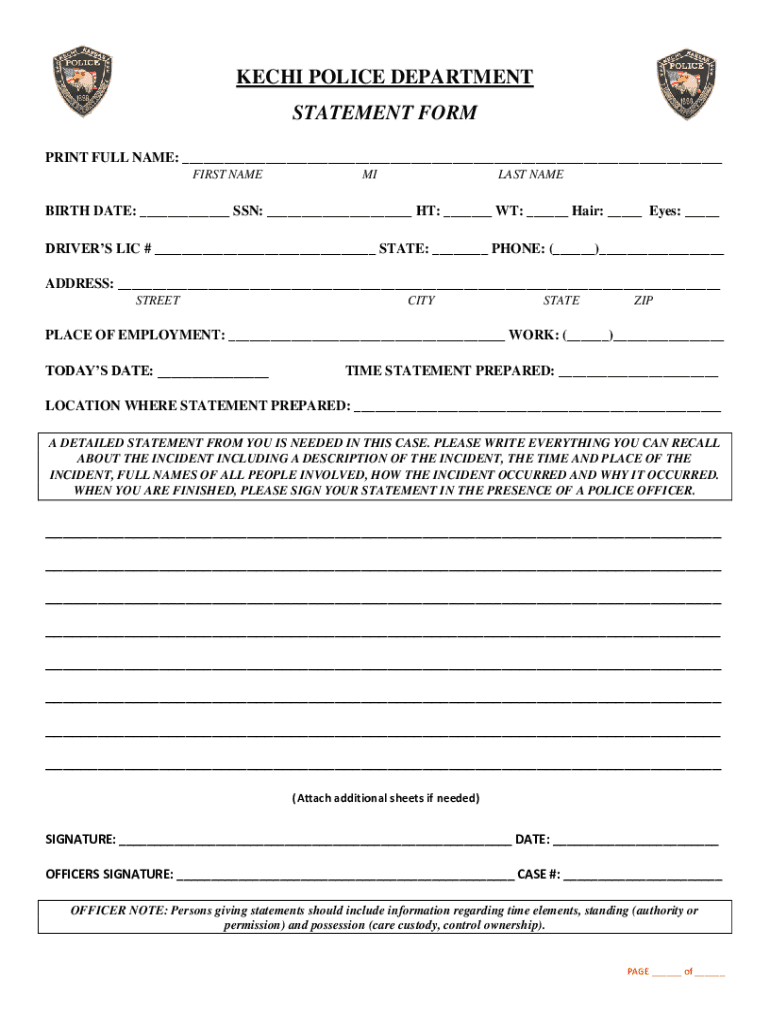 Fillable Online KECHI POLICE DEPARTMENT STATEMENT FORM Fax Email Print ...