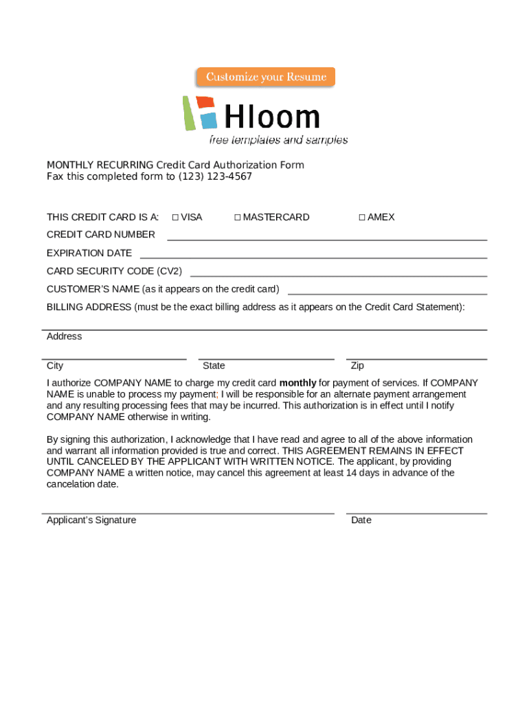MONTHLY RECURRING Credit Card Authorization Doc Template | pdfFiller