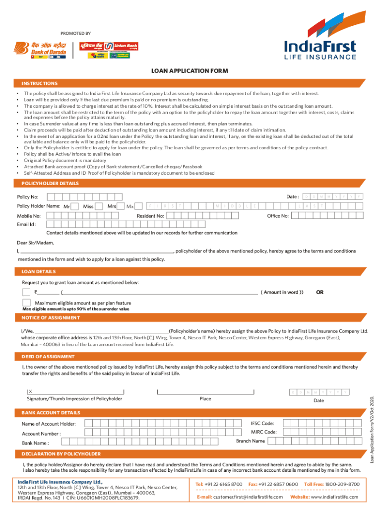 Fillable Online Loan Application Form - IndiaFirst Life Insurance ...
