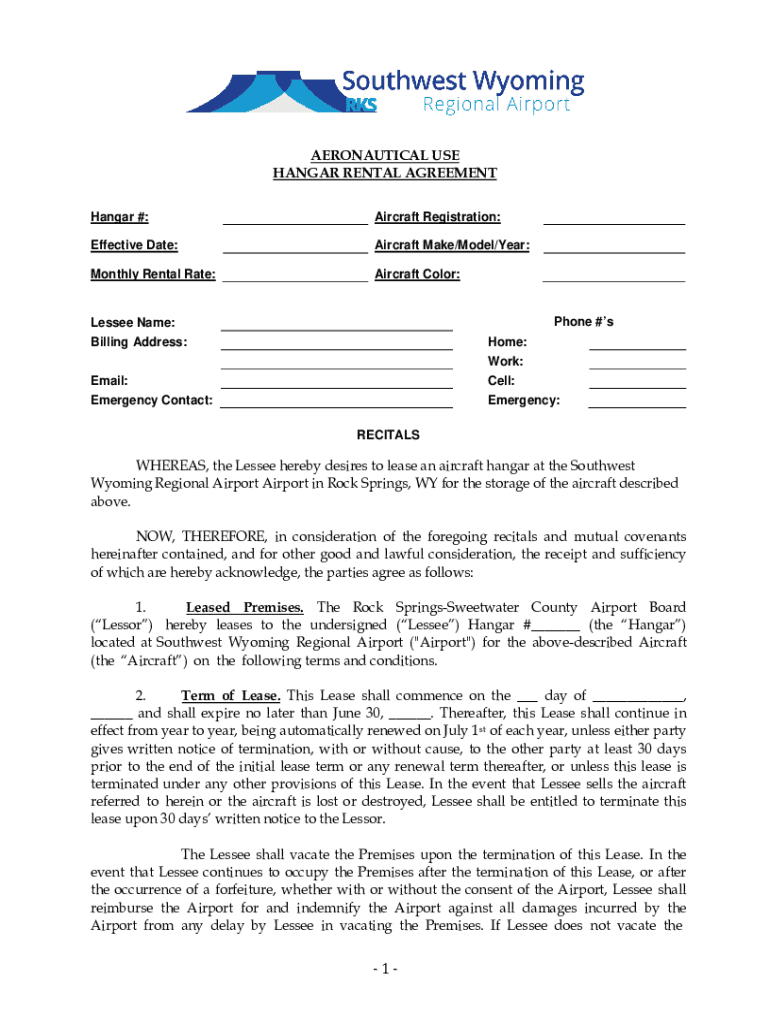 Fillable Online AERONAUTICAL USE HANGAR RENTAL AGREEMENT Fax Email ...