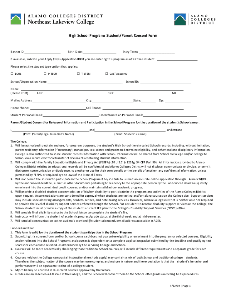 Fillable Online NLC Parent Consent Form for ECHS Students -Updated for ...