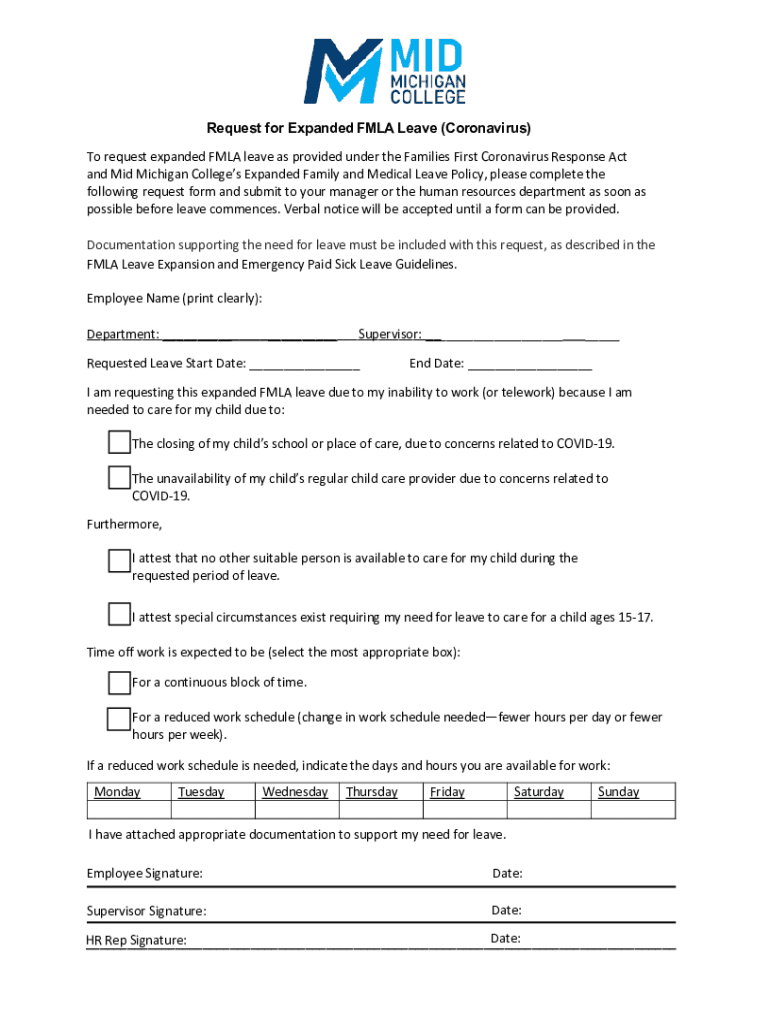 Fillable Online To request expanded FMLA leave as provided under the Families First Coronavirus ...