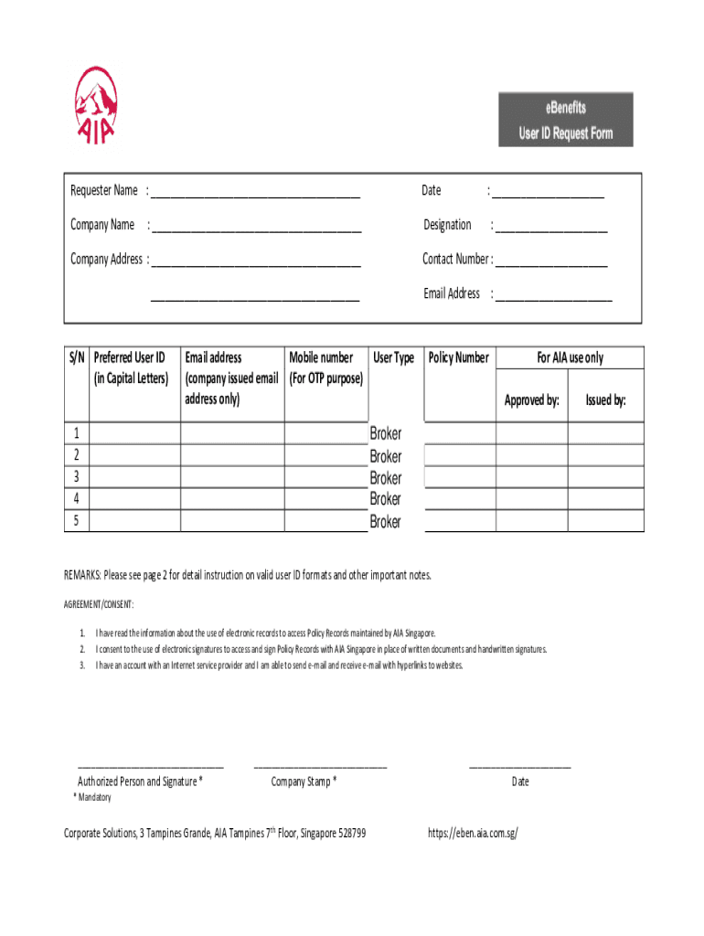 Fillable Online Web User ID Request Form for Broker 201305(2) - gmd.aia ...