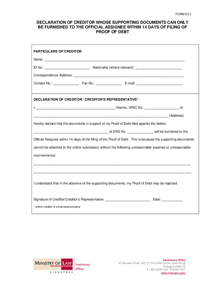 Fillable Online Form DC1 -- Declaration of Creditor Whose Supporting ...