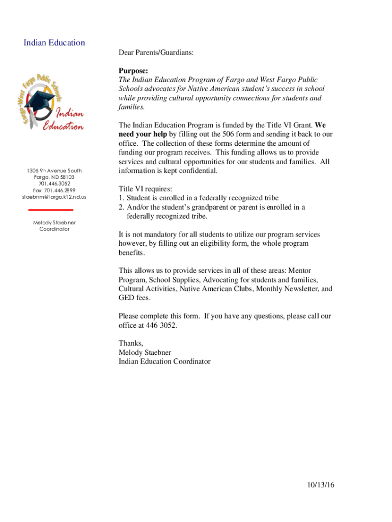 Fillable Online 506 Form Letter - Fargo Public Schools Fax Email Print ...