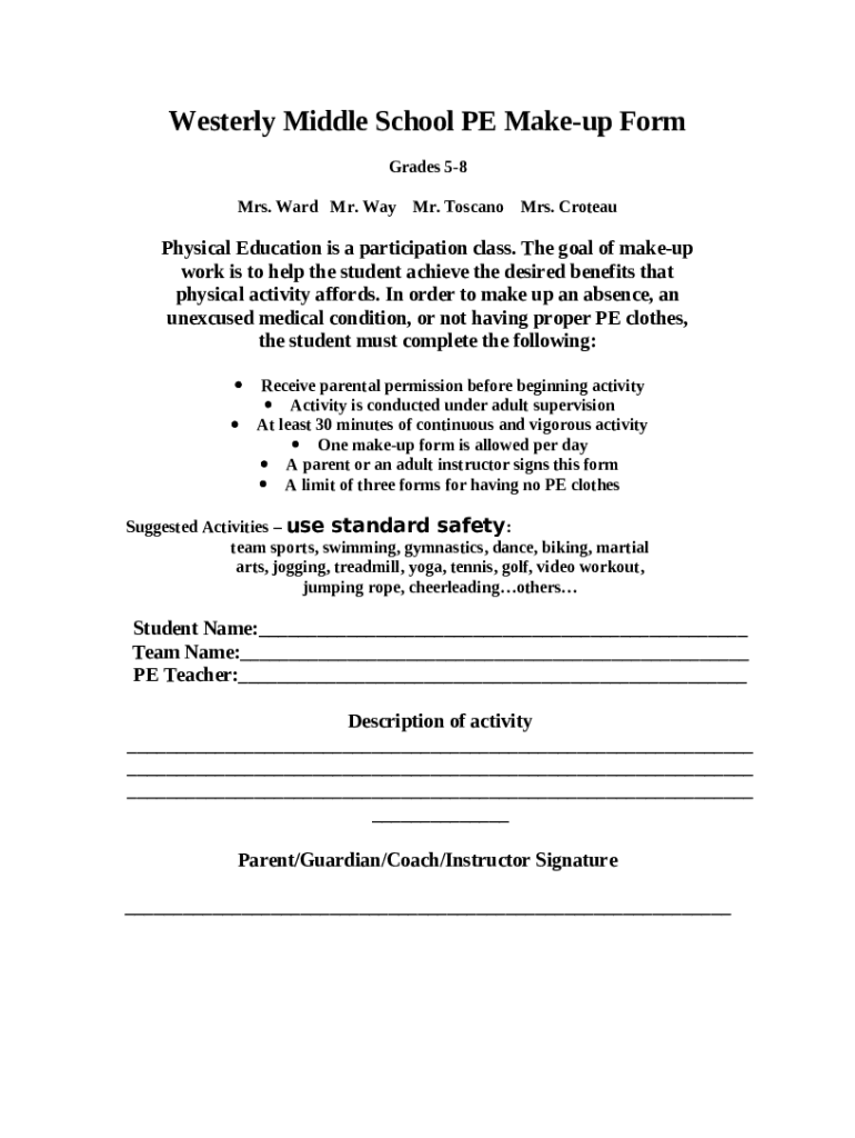 Westerly Middle School PE Make-up Doc Template | pdfFiller