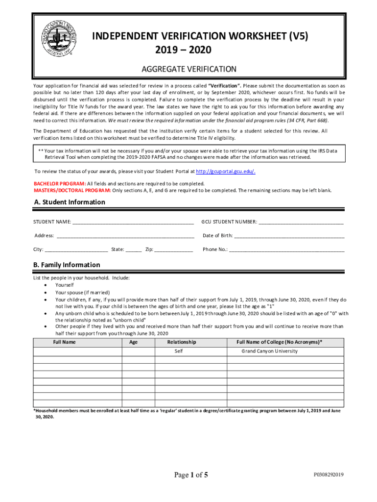 Fillable Online ASSET VERIFICATION WORKSHEET - Grand Canyon University ...