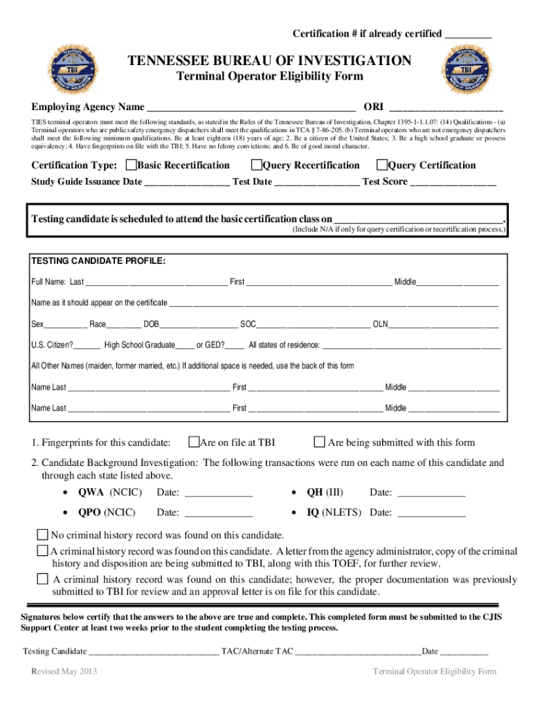 Fillable Online Terminal Operator Eligibility Form (TOEF) Fax Email ...