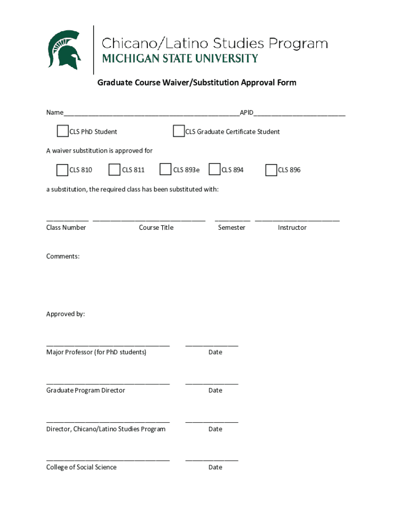Fillable Online clstudies msu Certificate Program Request WaiverGraduate School USA Fax Email ...